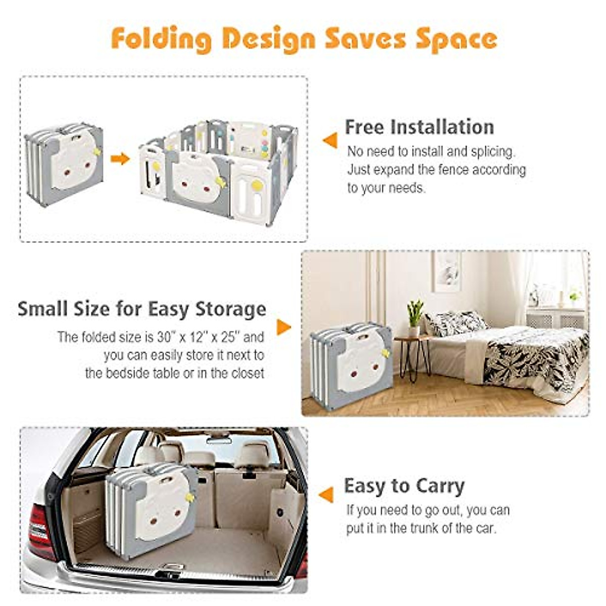 Costzon Baby Playpen, 14 Panel Foldable Thicken Kids Safety Play Fence with Storage Bag, Door with Safety Lock, 14 Rubber Suction Cups, HDPE Material BPA Free, Adjustable Shape, for Indoor Outdoor