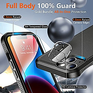 Justcool 5-in-1 iPhone 14 Plus Case: 10ft Military-Grade Drop Protection, 2 Tempered Glass & Camera Lens Protectors, Full-Body Shockproof (Black)