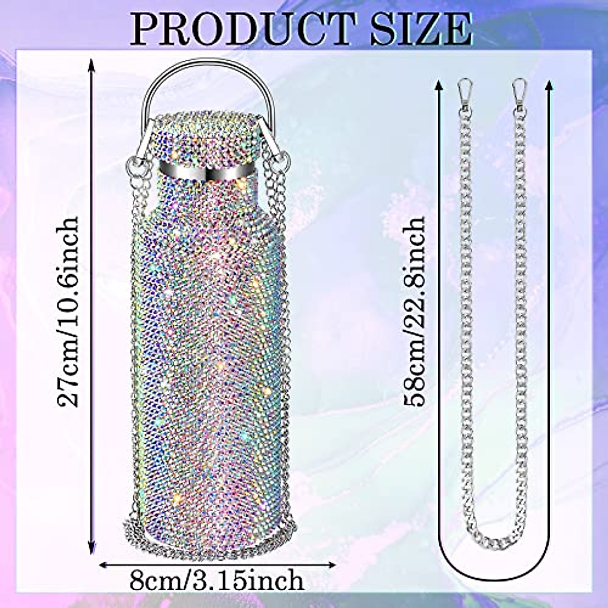 Colorful Diamond Water Bottle Bling Rhinestone Stainless Steel Thermal Bottle Refillable Water Bottle Insulated Water Bottle Glitter Water Bottle with Chain for Women(Silver,750 ml)