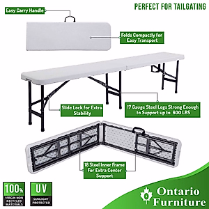 Ontario Furniture- White Plastic Folding Portable Bench for Indoor, Outdoor Picnic Bench, 6 (6 Feet (3 Legged))