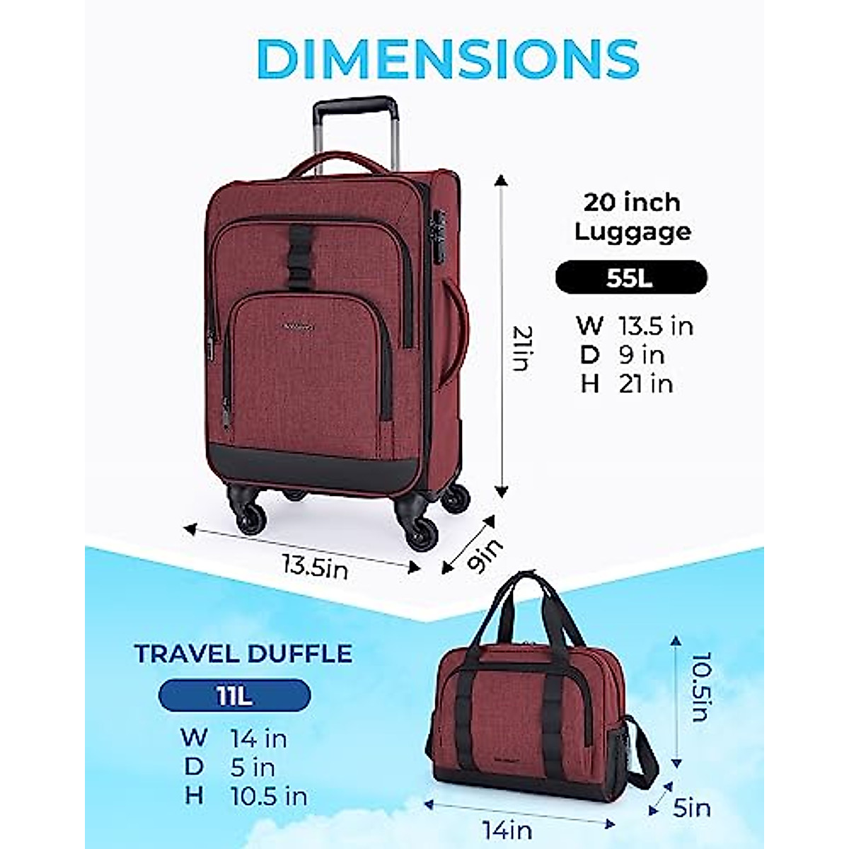 2 Piece Luggage Sets, BAGSMART Expandable 20 inch Carry on Luggage Airline Approved, Lightweight Carry on Suitcase with Spinner Wheels, Family Travel Suitcase Set with Duffle Bag - Red