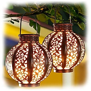 MAGGIFT 2 Pack Hanging Solar Lights,Outdoor Ramadan Solar Lanterns Decorations,Waterproof Hanging Solar Light 6 Lumens,Brown