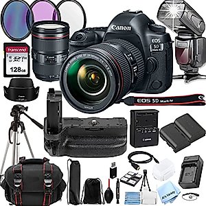 Canon EOS 5D Mark IV DSLR Camera w/EF 24-105MM F/4 L is II USM Zoom Lens + 1+ 128GB Memory, TTL Speedlite Flash, Battery Grip, Filters, Case, Tripod + More (36PC Bundle Kit)