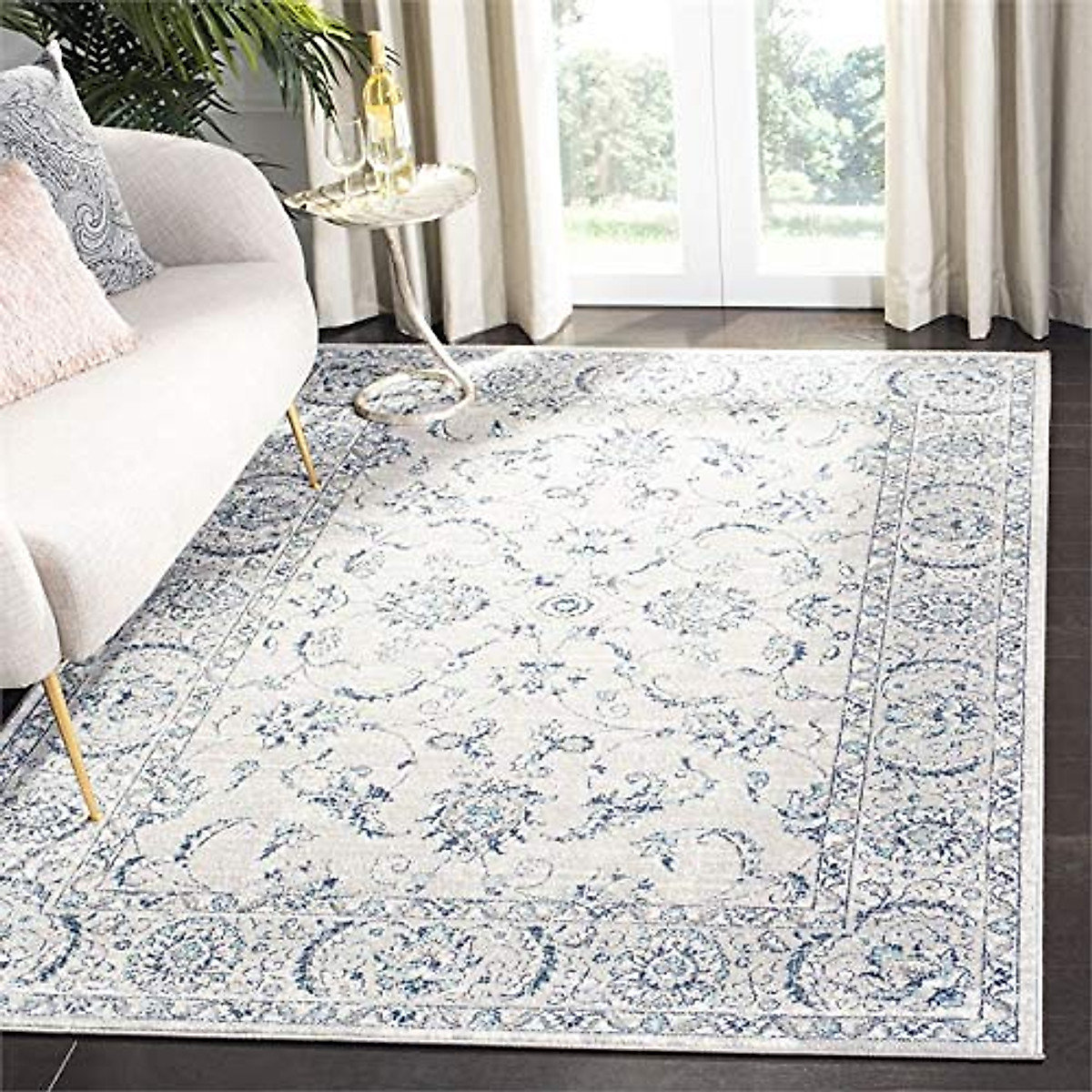 SAFAVIEH Brentwood Collection 9' x 12' Light Grey/Blue BNT854G Oriental Floral Scroll Non-Shedding Living Room Bedroom Dining Home Office Area Rug