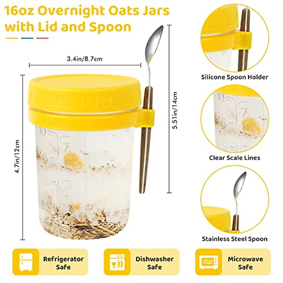 Korlon 4 Pack Overnight Oats Containers with Lids, 16oz Glass Food Oatmeal Container, Wide Mouth Overnight Oats Jars with Spoons for Cereal Yogurt Fruit Vegetable Milk