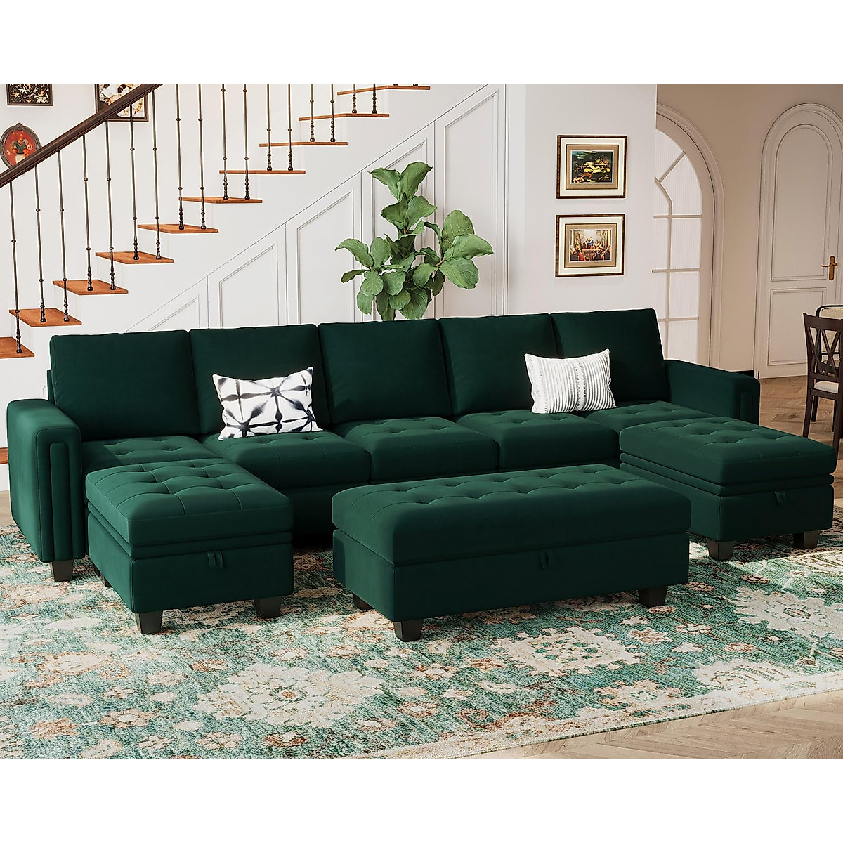 Belffin Modular Sectional Sofa Set Velvet U Shaped Sofa Set with Reversible Wide Chaise Convertible Corner Sectional Sofa Couch Set with Storage Ottoman Green