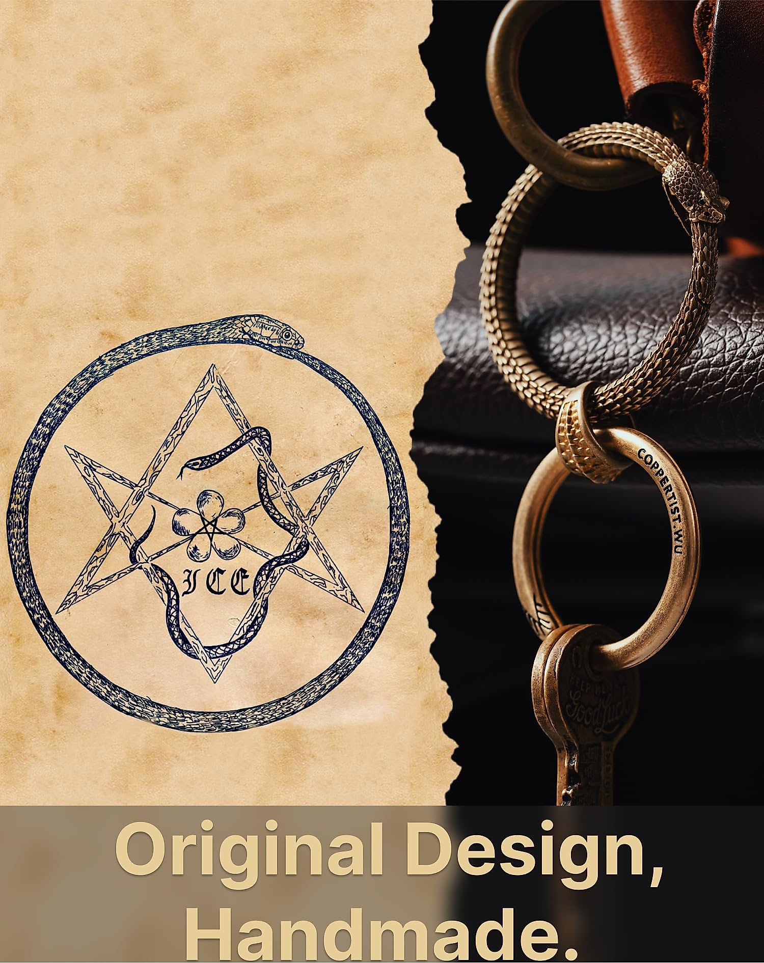 COPPERTIST.WU Ouroboros Snap Brass Keychain Keyring Spring Clip Ring with Key Ring