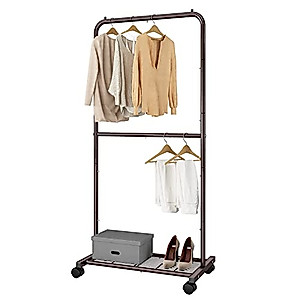 Simple Trending-Double Rod Clothing Garment Rack, Rolling Clothes Organizer on Wheels for Hanging Clothes, Bronze