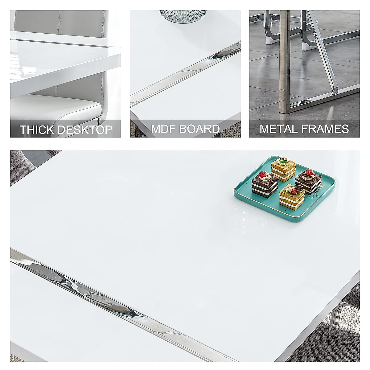 Dining Table Set for 6，White Rectangular MDF Kitchen Table and Leather Dining Chairs Set of 6, 7 Piece Dining Table Set，Modern Metal Frame Dining Room Table Set 6 with Metal Frame For Kitchen