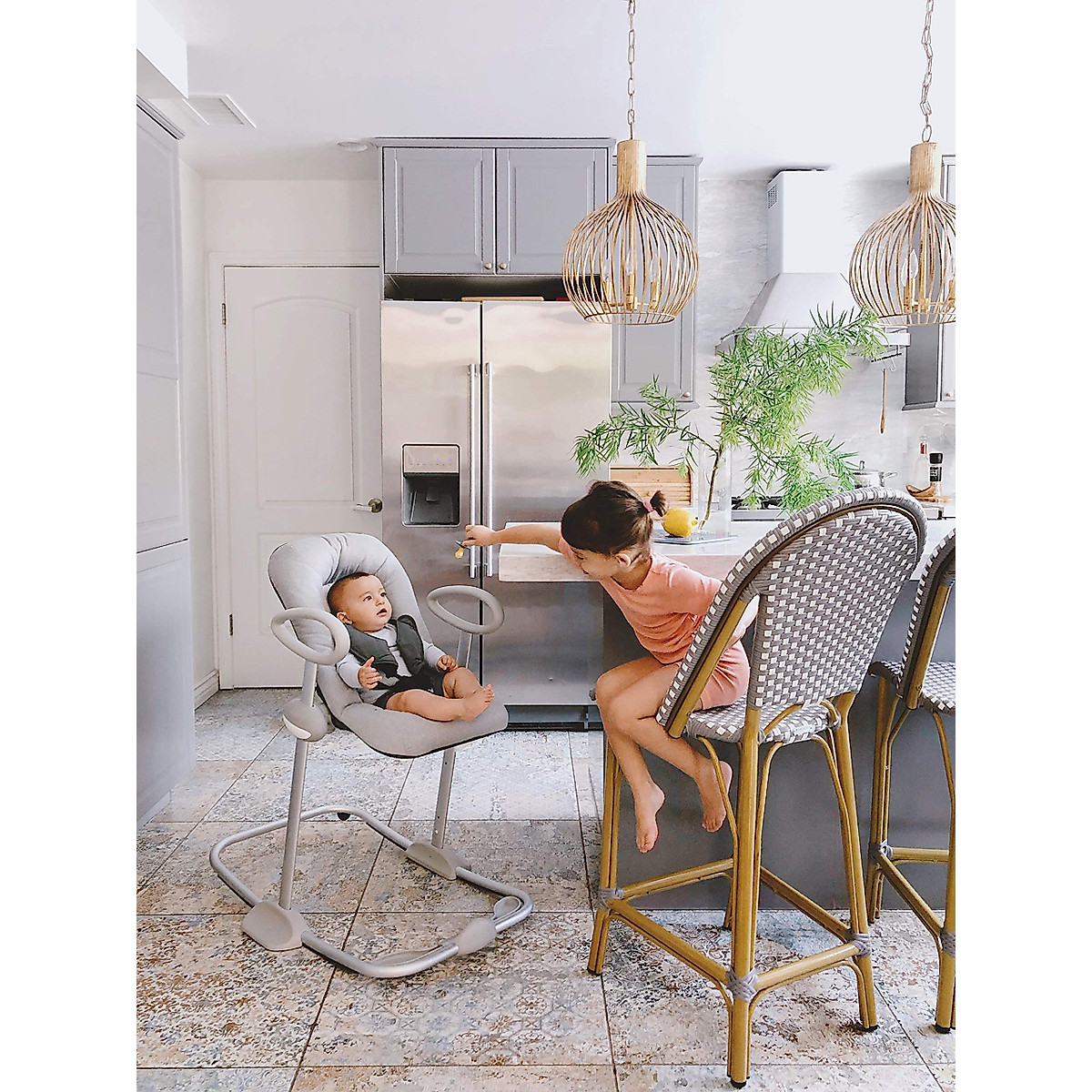 BEABA Up & Down Portable Baby Rocker, 4 Height Levels + 3 Reclining Positions with 1 Click, Couch and Table Height Rocker, Baby Seat, Baby Lounger, Baby Essentials, Baby Gear, Gray