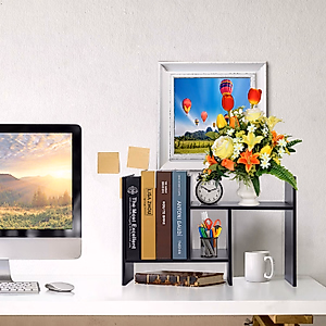 Hossejoy Desktop Organizer Office Storage Rack Adjustable Wood Desk Organizer Display Shelf, Countertop Bookcase Desktop Bookshelf- Free Style Double H Display, Black