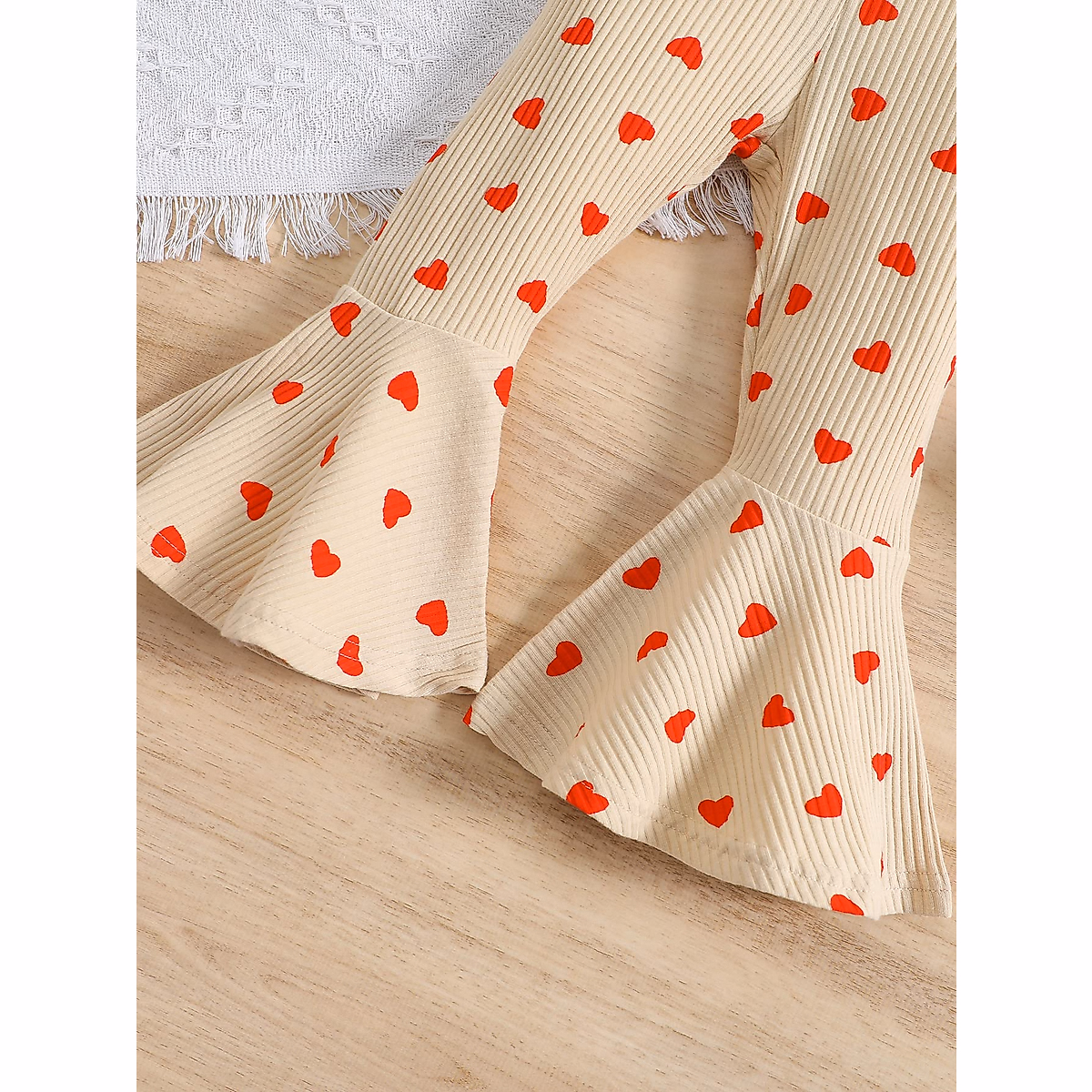 BOUTIKOME Toddler Baby Girl Valentine's Day Outfits Bell Bottom Romper Love Heart Strap Sleeveless One Piece Jumpsuit(Beige,4-5T)