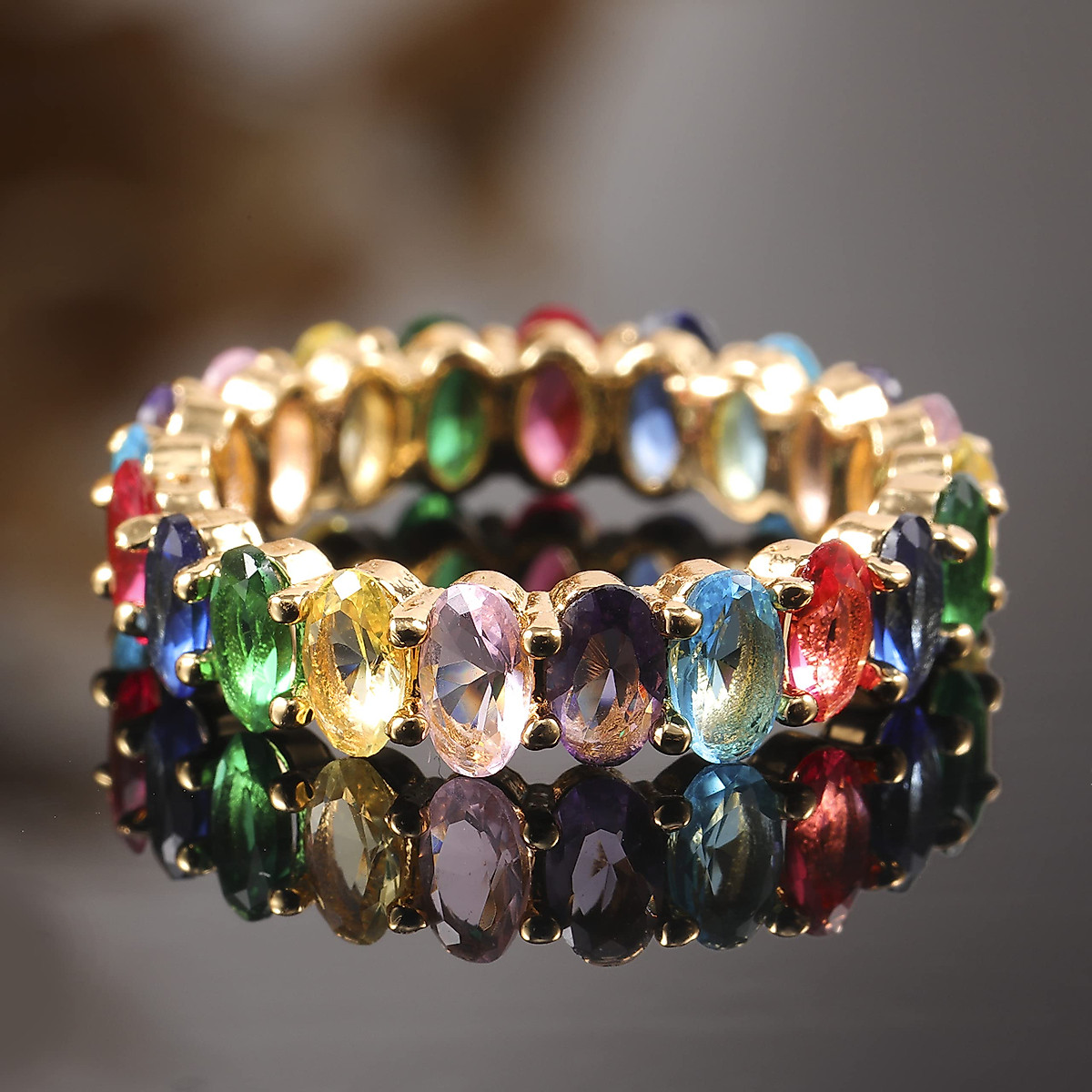 UUJOY 18K Gold Plated Cubic Zirconia Oval Cut Eternity Ring Engagement Ring for Women