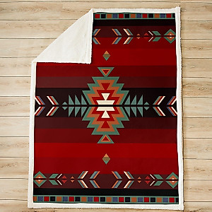 Throw 50"x60" Southwest Native Design Sherpa Blanket Boys Girls Southwestern Geometric Fleece Throw Blanket for Kids Ultra Soft Tribal Plush Blanket Red Green Fuzzy Blanket