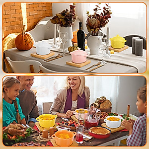 Mimorou 4 Set 7 oz Ceramic Mini Cocotte with Lid and Wooden Base Small Casserole Dishes with Lids Ceramic Soup Bowls Baking Ramekins Round Casserole for Home Thanksgiving Pumpkin Soup