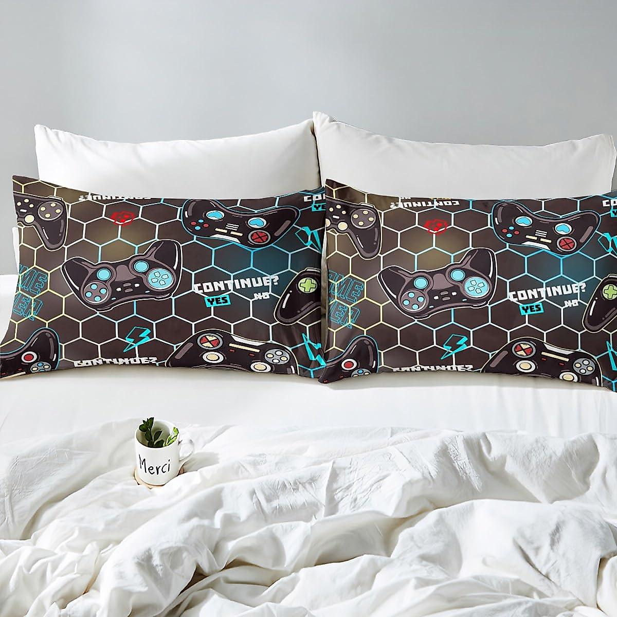 Erosebridal Gamer Twin Size Bedding Set for Boys Girls Gaming Bed Sheets, Neon Honeycomb Fitted Sheet Video Game Sheets, Geometric Hexagon Bedding Kids Teens Room Decor, Black Bed Cover 2 Pieces