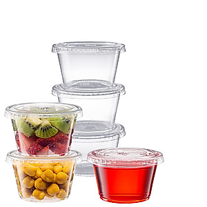 Pantry Value [100 Sets - 4 oz.] Cups with Lids, Small Plastic Condiment Containers for Sauce, Salad Dressings, Ramekins, & Portion Control