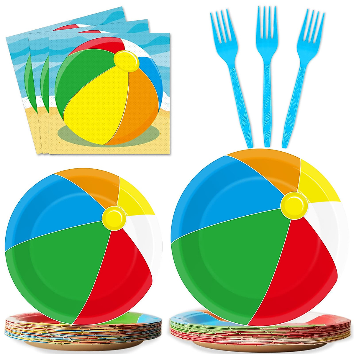 96 Pcs Beach Ball Party Supplies Tableware Summer Pool Ball Party Plates and Napkins Set Beach Birthday Party Favor Decorations For Kids Serves 24