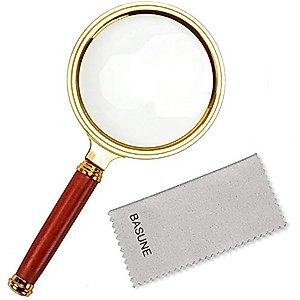 BASUNE 10X Handheld Magnifier, Reading Magnifier Loupe Glasses 10X with Rosewood Handle for Book and Newspaper Reading, Insect and Hobby Observation, Classroom Science (Clear, Plastic Frame)