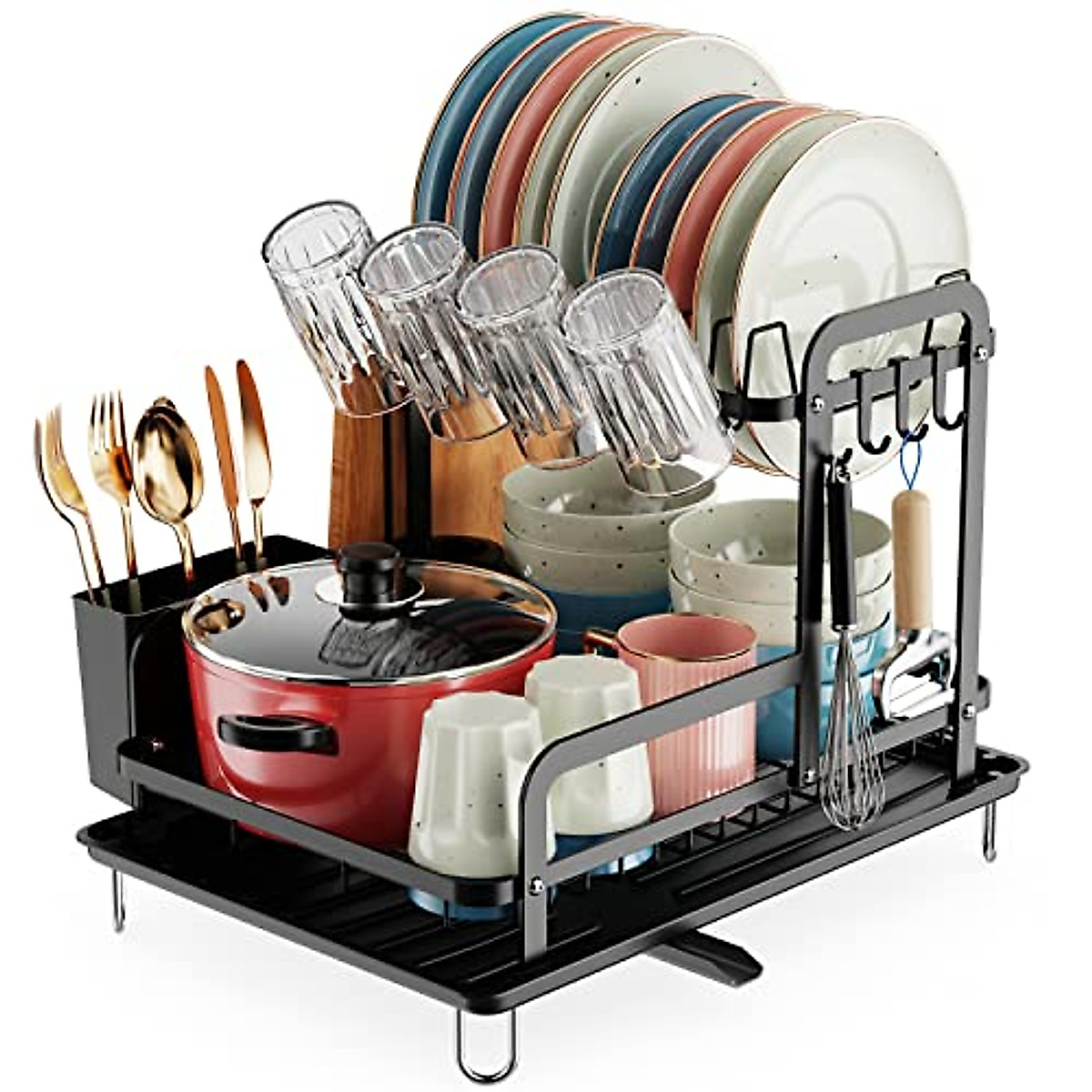 GSlife Dish Drying Rack with Drainboard - 2 Tier Rust Resistant Dish Rack for Kitchen Counter, Dish Drainer Racks Set with Utensil Holder, Cutting Board Holder, Black