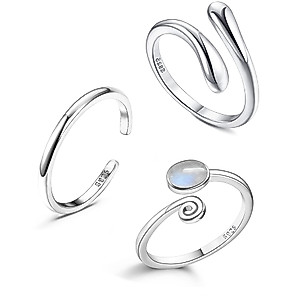 Jstyle 925 Sterling Silver Open Toe Rings Set for Women Adjustable Rainbow Moonstone Band Tail Ring Women Beach Foot Jewelry Set