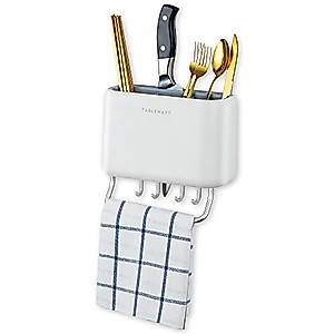 Kitchen Utensil Holder for Wall Hanging White Cooking Utensil Crock with 3 Dividers, Plastic Cutlery Caddy, Practical Utensil Pot for Counter for Fork Spoon Knife Spatula Flatware Silverware