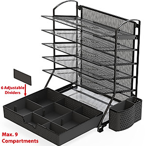 SimpleHouseware 6 Trays Desk Document File Tray Organizer with Supplies Sliding Drawer, Black