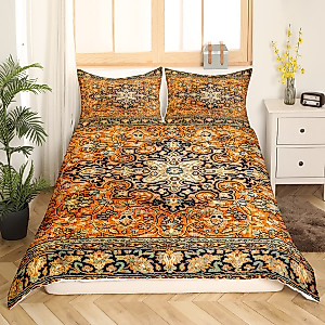 Ethnic Pattern Duvet Cover Queen, Orange Boho Bedding Set, Southwest Farmhouse Bohemian Floral Abstract Comforter Cover, Brown Geometric Exotic Tribal Flower Quilt Cover