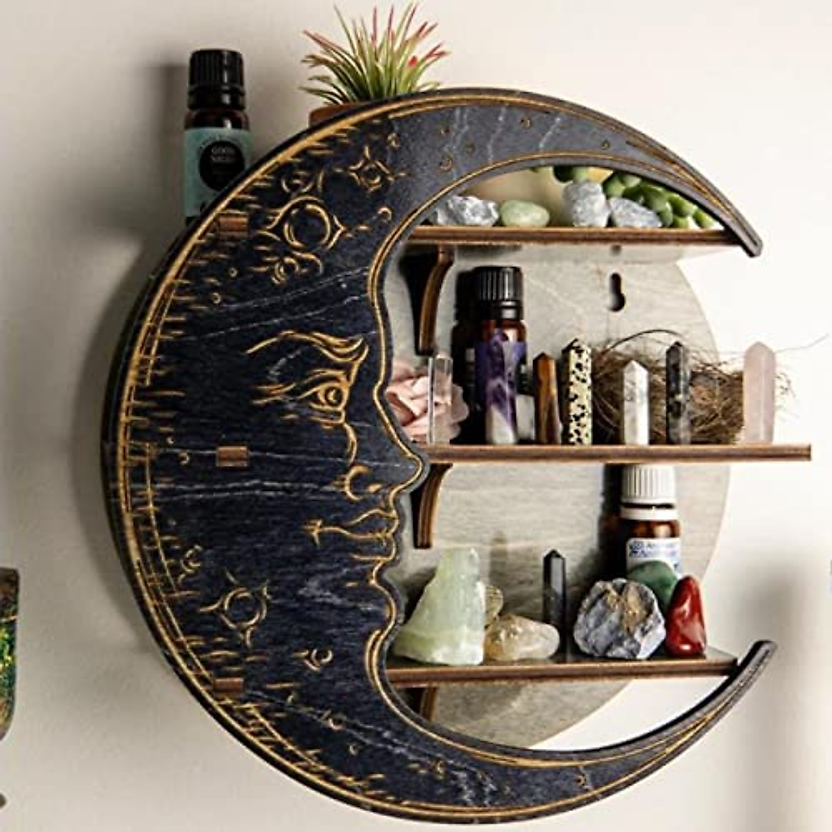 COUNTOOZQ Wooden Wall Mounted Floating Shelves Wall Mounted Moon Shelf Wood Wall Shelves Moon Crystal Shelf Holder for Essential Oil Shelf Wall Shelves for Bedroom Living Room,White