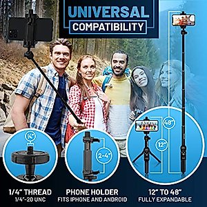 Texlar 48 Inch Selfie Stick Tripod with Remote for iPhone 14, 13, 12, 11, XR, X, 8, 7, Pro, Max, Plus, SE, Android Phone, Smartphone - TS48 Pro Small Mini Cellphone Stand