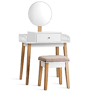 GOFLAME Vanity Dressing Table Set with Cushioned Stool & Height-Adjustable Large Mirror, Makeup Dressing Table Desk with Large Drawer for Home Office Bedroom Contemporary Vanity Table Desk, White