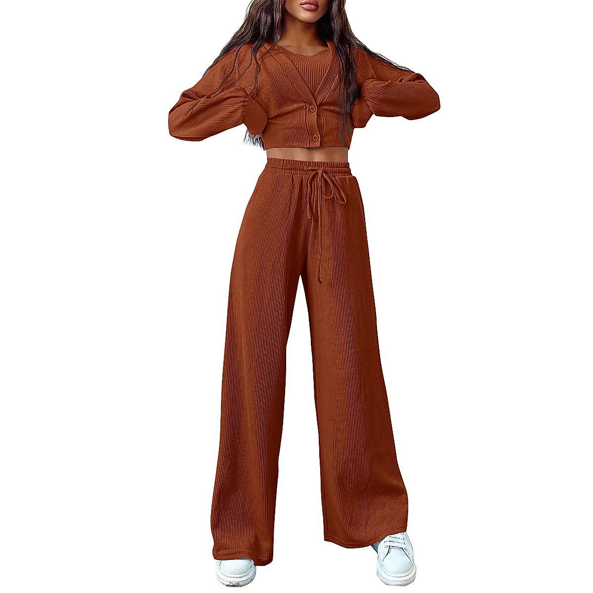 PRETTYGARDEN Womens 2024 Fall Track Suits 3 Piece Outfits Matching Sets Ribbed Knit Cardigan Cropped Tank Tops Wide Leg Pants (Brown,Large)
