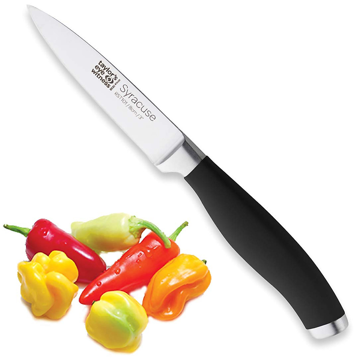 Taylors Eye Witness Syracuse Vegetable Paring Kitchen Knife - Professional 8cm/3.5” Cutting Edge, Multi Use. Ultra Fine Blade, Precision Ground Razor Sharp. Soft Textured Grip Matte Black Handle.