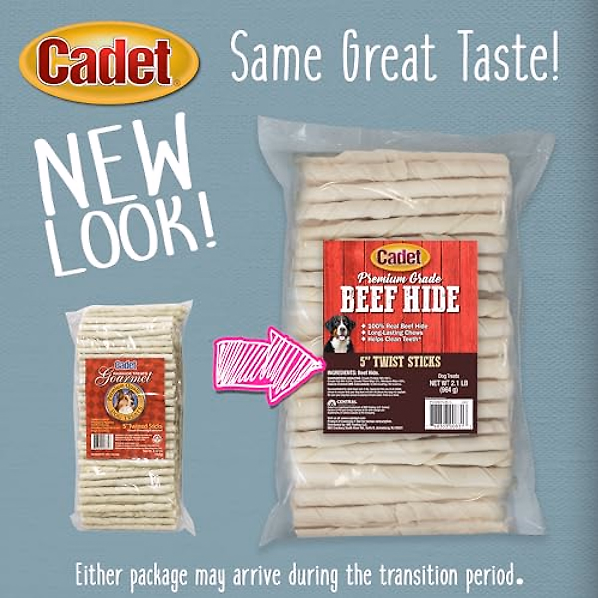 Cadet Premium Grade Beef Hide for Dogs, Long Lasting Rawhide Twist Chew Sticks, Natural Dog Chews, 5 Inch Dog Bones (34 Count)