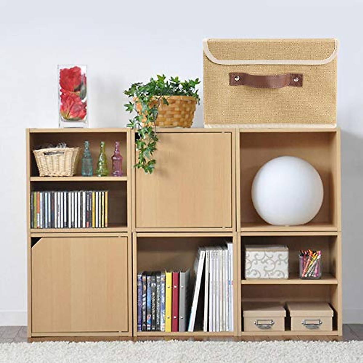 Lucky Monet 2 Pack Linen Fabric Foldable Storage Bin Set Collapsible Storage Box Cube Closet Organizer with Lid & Faux Leather Handle, 10”x8”x7” (Khaki)