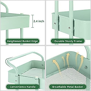 TOOLF 3 Tier Metal Rolling Cart, Utility Cart with Handle, Multifunction Storage Cart with Lockable Wheels, Serving Organizer Trolley with Mesh Basket for Kitchen, Bathroom, Office