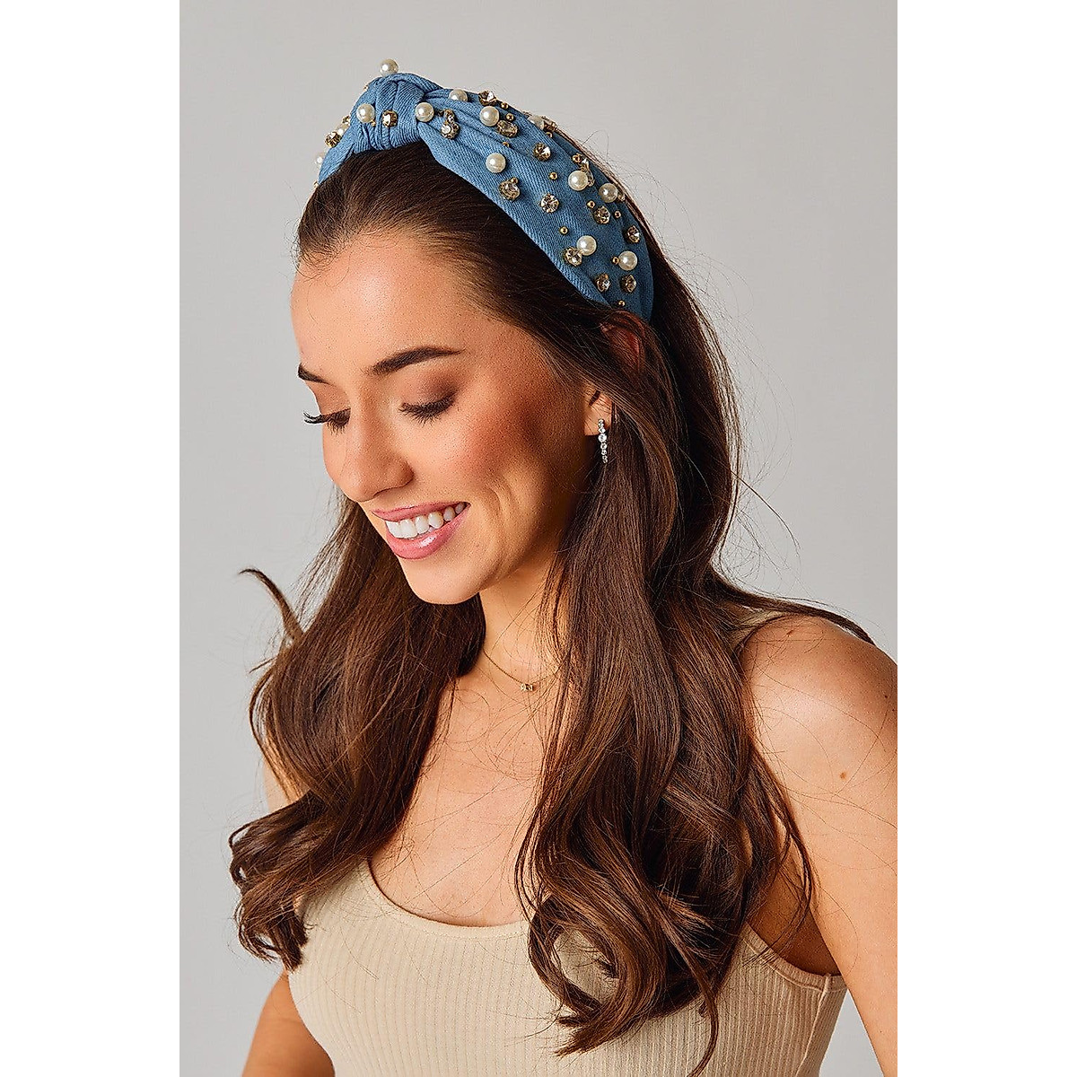 Pearl Knotted Headband for Women White Pearl Rhinestone Crystal Jeweled Embellished Hairband Fashion Elegant Ladies Wide Top Knot Bride Boho Head Band Headpieces Bachelorette Party Hair Accessories