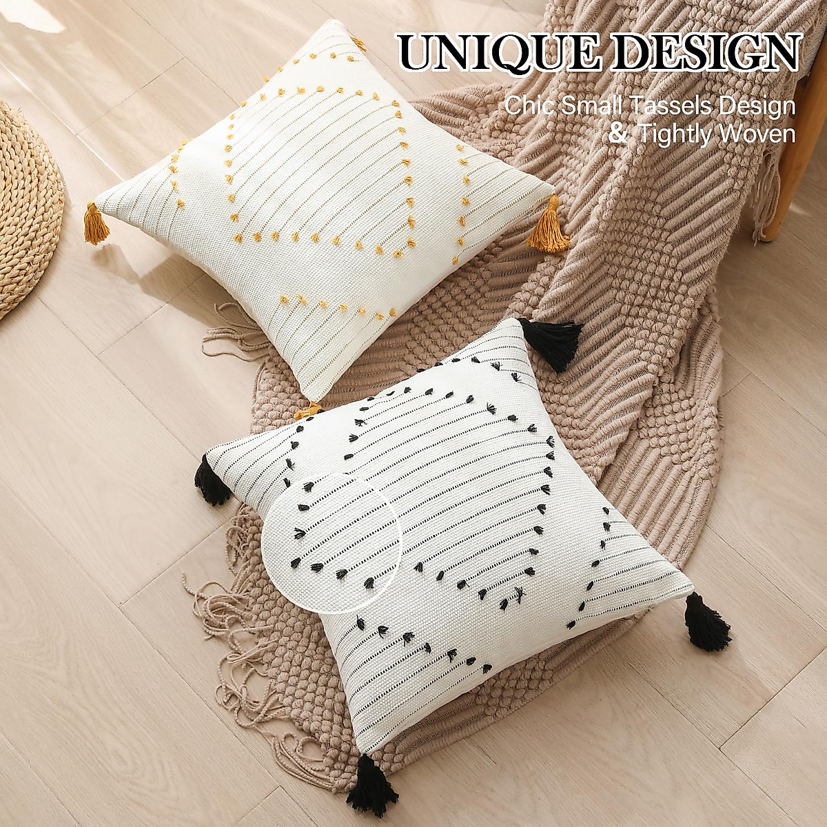 Joyesup Boho Throw Pillow Covers 18x18 Set of 2 Farmhouse Pillow Covers with Tassel Decorative Throw Pillow Cases Room Decor Woven Pillow Covers for Couch Bed Living Room Dormitory(White and Black)