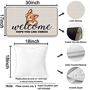 FLDAS Hope You Like Corgis Welcome Door Mat Doormat 17”x30”,It's Not Dog Hair It's Corgi Glitter Reversible Throw Pillow Cover 18”x18”,Set of 1 Pillow Cover 1 Doormat Decor for Home Girls Kids Room