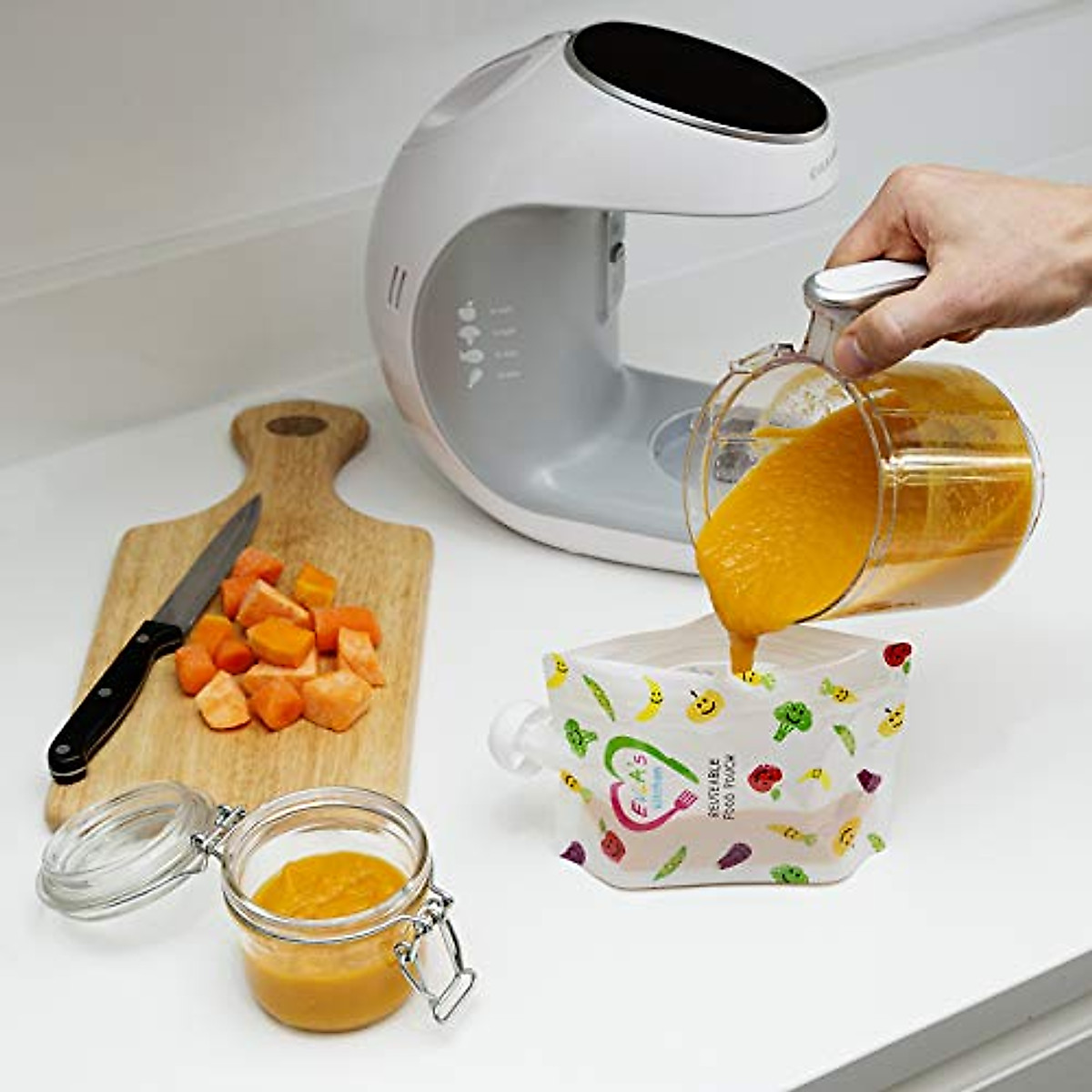 EVLA'S Baby Food Maker, Healthy Homemade Baby Food in Minutes, Steamer, Blender, Baby Food Processor, Touch Screen Control, includes 6 Reusable Food Pouches for Storage or Travel, White