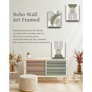 iHery Sage Boho Wall Art, 12x16in Framed Canvas Wall Art Pictures, Mid-Century Modern Wood Framed Abstract Prints for Bedroom,Minimalist wall Decor Bathroom 3Pack