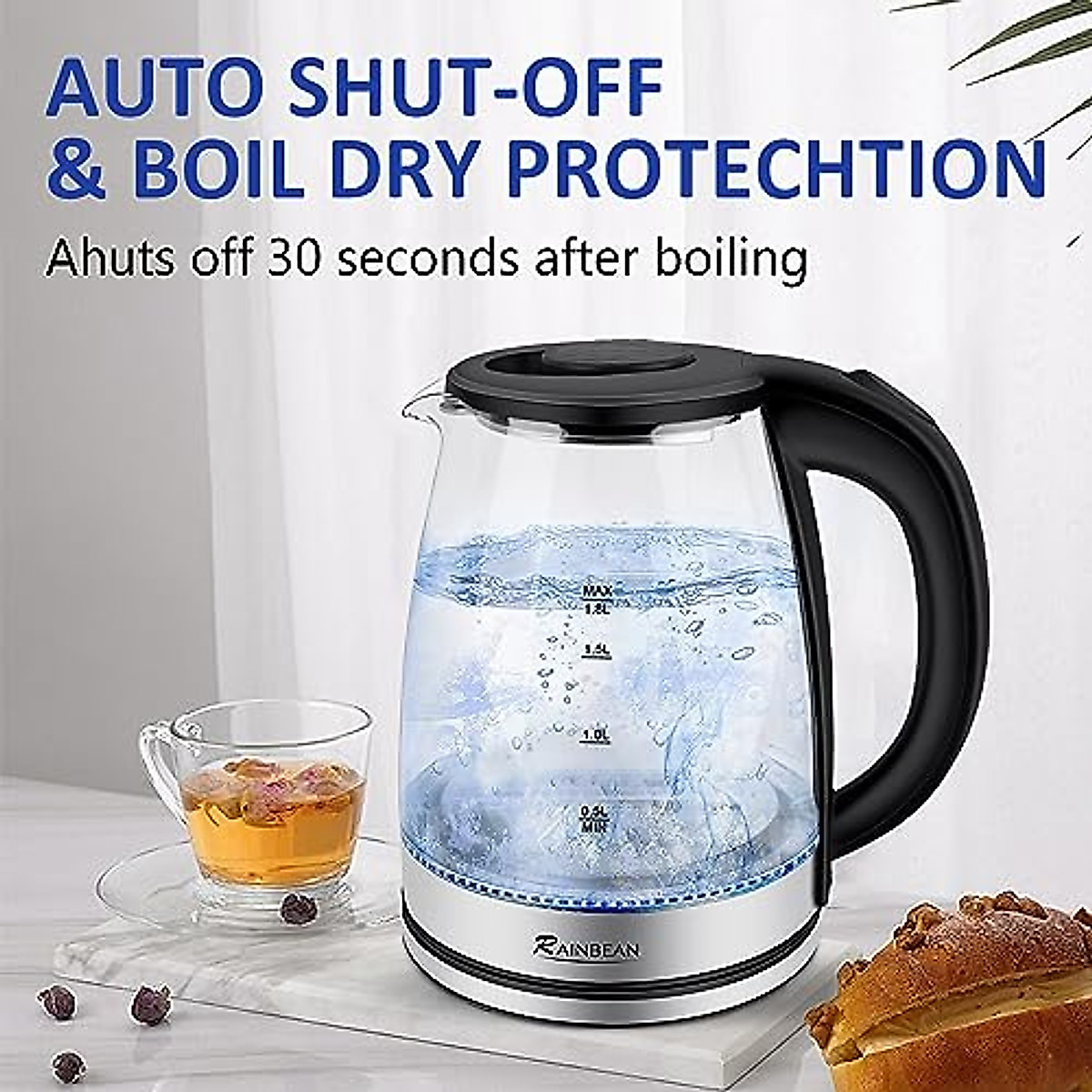 RAINBEAN Electric Kettle Water Boiler, 1.8L Electric Tea Kettle, Wide Opening Hot Water Boiler with LED Light, Auto Shut-Off & Boil Dry Protection, Glass Black