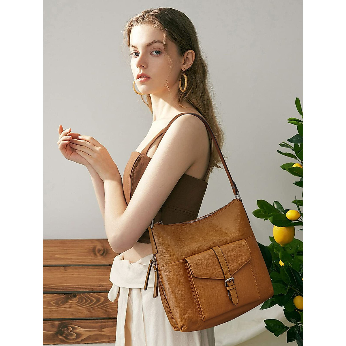 S-ZONE Women Genuine Leather Hobo Shoulder Purse and Handbags Top Handle Ladies Bag with Front Pocket