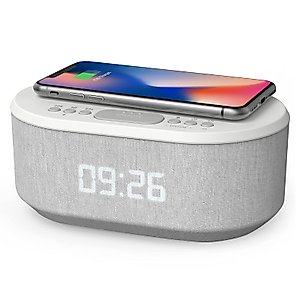 i-box Dawn, Alarm Clock for Bedrooms, FM Radio Alarm Clock with Wireless Charging, Speakers with Bluetooth, Digital Alarm Clock, USB Port, Dimmable Night Light (White)