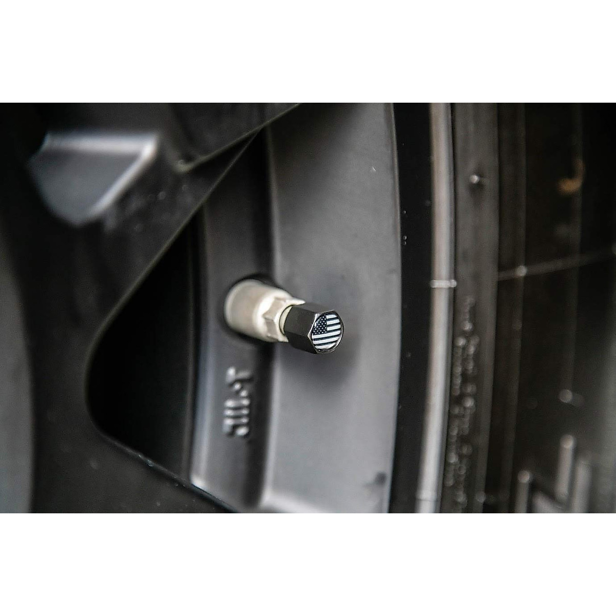 Tactilian American Flag Valve Stem Cap - Black Subdued Aluminum with Rubber Ring Tire Wheel Rim Dust Cover fits Cars, Trucks, Bikes, Motorcycles, Bicycles - (4 Pack) (American Flag)