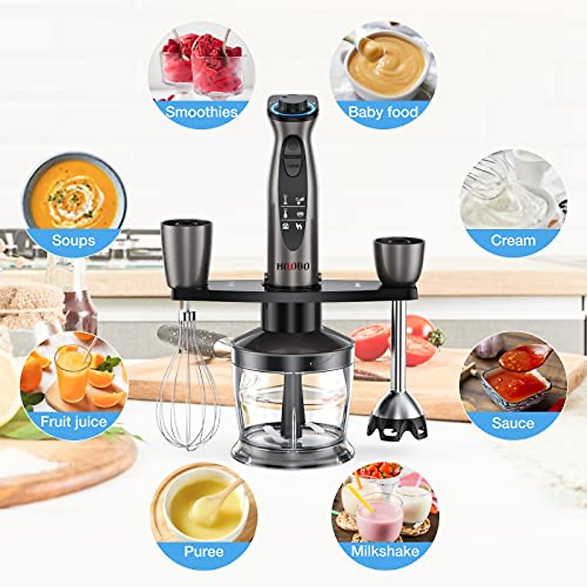 Immersion Blender 7-in-1 1000W Powerful Scratch Resistant Hand Blender, Stick Blender Handheld, 12 Speed and Turbo Mode, Low-Noise, with Beaker Chopper Whisk Milk Frother, BPA-Free