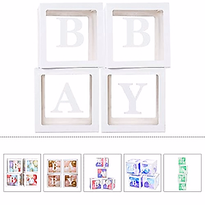 Baby Shower Decoration Baby Balloon Box - 4 pcs Transparent Balloons Boxes with BABY Letter ,White Baby Blocks Centerpieces Party Favors for Baby Girl Boy Birthday Gender Reveal Backdrop