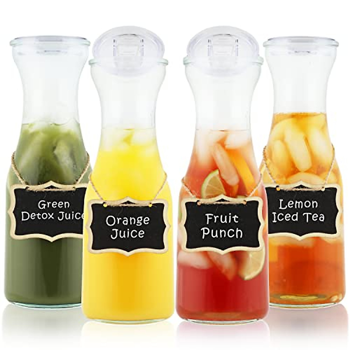 AYL Set of 4 Glass Carafe with Lids, 1 Liter Water Pitcher Beverage Serveware Carafe, Clear Glass Pitcher for Mimosa Bar, Cold Water, Brunch, Wine, Juice, Milk, Iced Tea, Lemonade,1 Hand Pour Lid