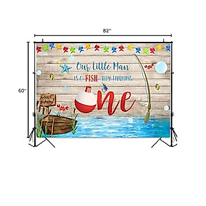 Mocsicka Gone Fishing Birthday Party Backdrop O-Fish-Ally 1st Birthday Party Decoration for Boy Rustic Wooden Cake Smash Photography Background (7x5ft)