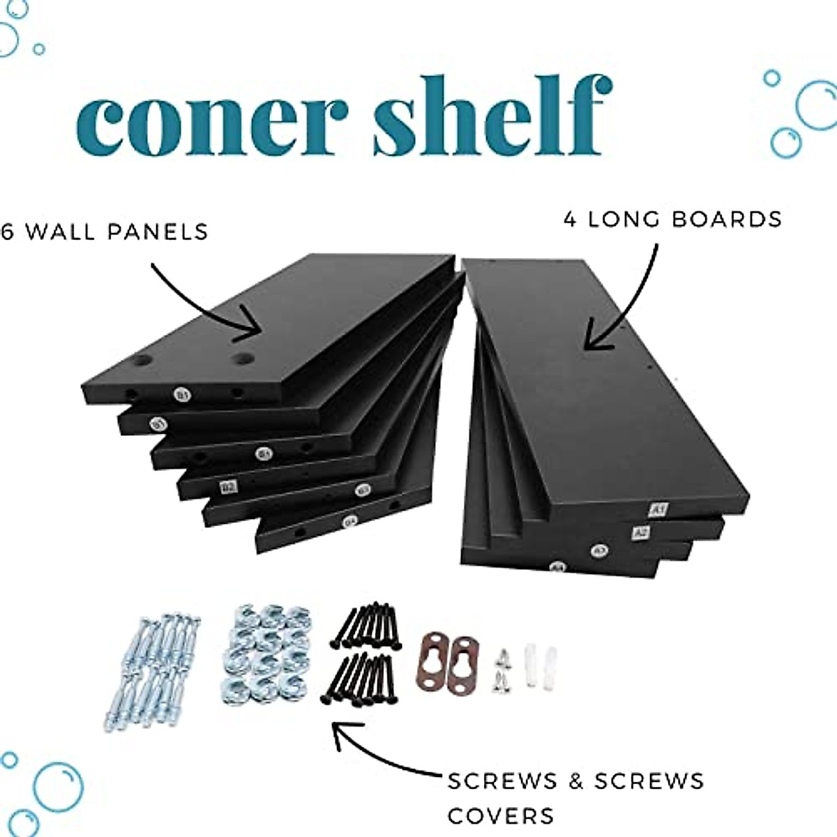 idee-home Corner Shelf Wall Mount, Rustic Hanging Floating Corner Shelf 4 Tier for Corner Wall Shelves Decor, Wood Mounted Decorativa Wall Storage Shelves for Bedroom, Bathroom, Black